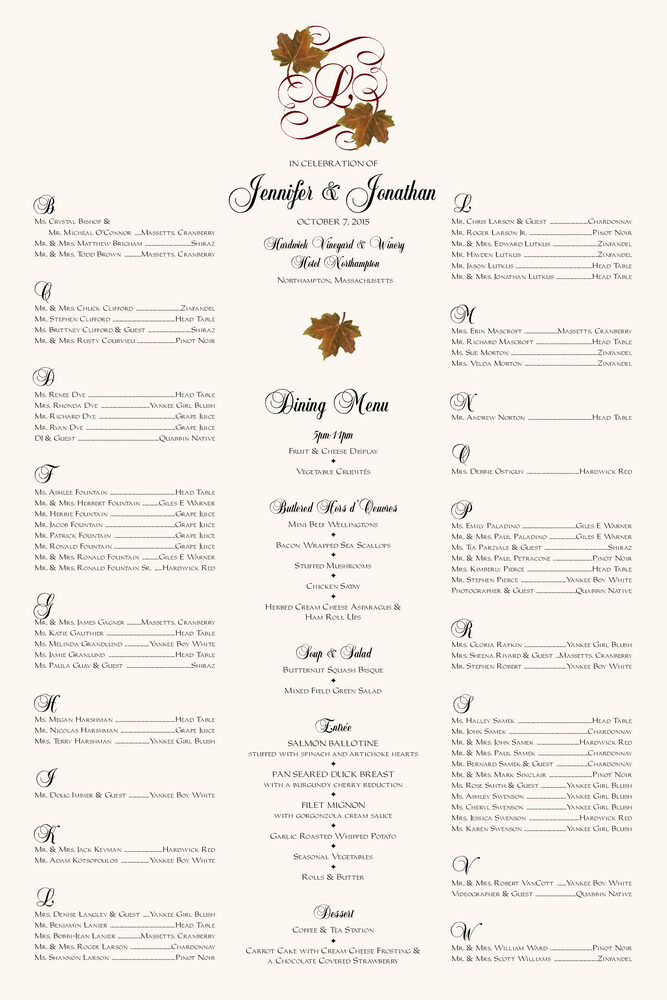 Sugar Maple Autumn Leaf Flourish Wedding Seating Chart | Fall Leaves Seating Arrangement Chart ...